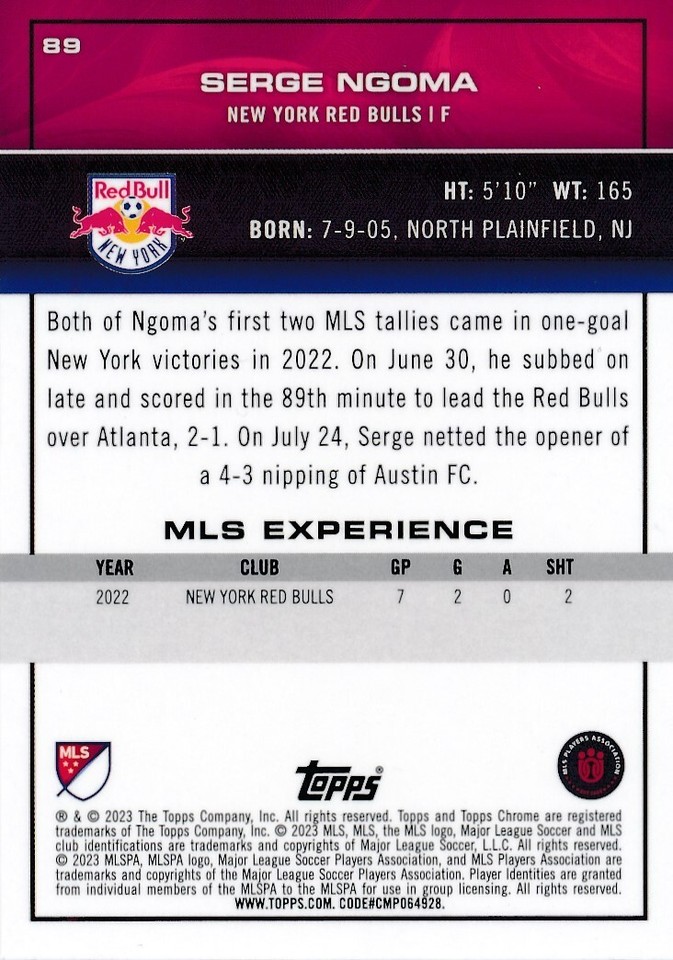#89 SERGE NGOMA 2023 Topps Chrome MLS Soccer RC NEW YORK RED BULLS | eBay