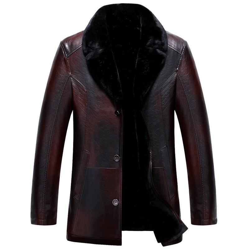 Winter Men's Leather Jacket Fleece Lined Warm Outwear Single Breasted ...
