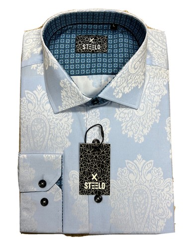 Men STEELO PAISLEY BLUE Long Sleeve Button Up Dress Shirt SILKY ...