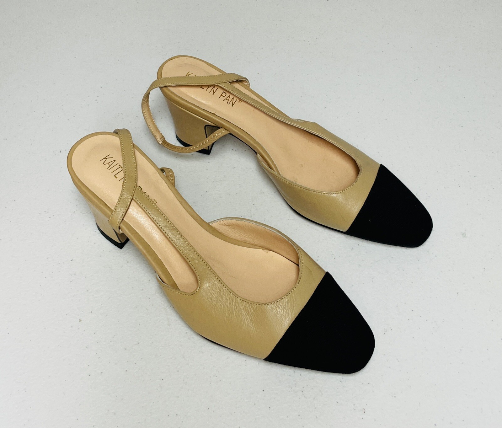 Kaitlyn Pan Cap Toe Slingback Shoes Size 7.5 High Heels Tan Black | eBay