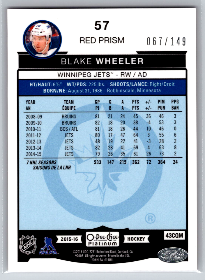 Black Wheeler 2015-16 O-Pee-Chee Platinum Red Prism /149 #57 Winnipeg ...