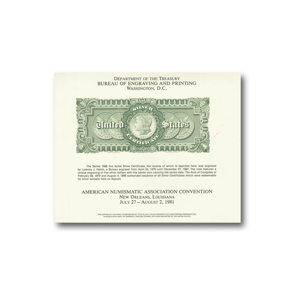 Commemorative Engraved Print Collection - 7 BEP Souvenir Cards | eBay