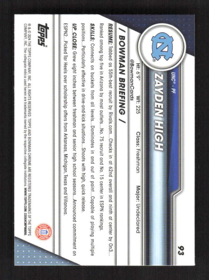 Zayden High 2023-24 Bowman University Chrome North Carolina Tar Heels ...