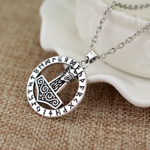 NEW Thor Hammer Pendant Mjolnir Rune Circle Charm Silver Necklace Chain ...