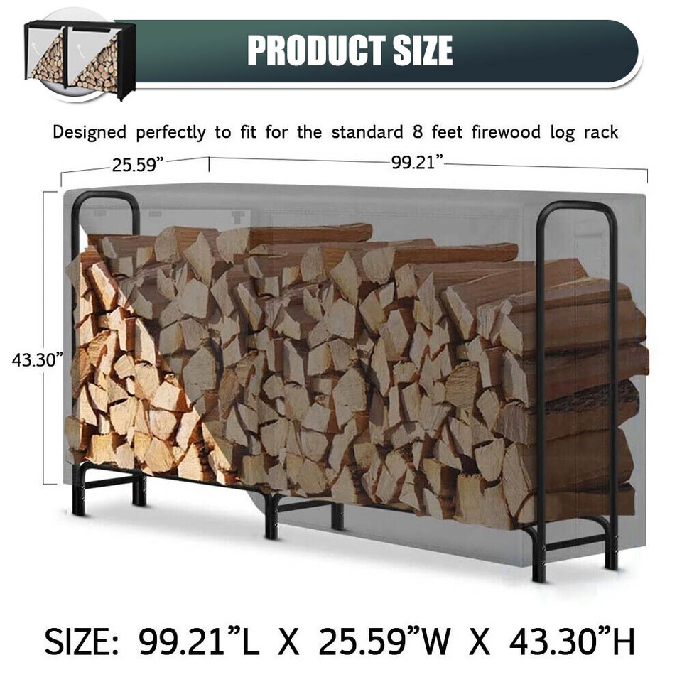 8FT Waterproof Firewood Log Rack Cover Heavy Duty Outdoor Wood Holder ...