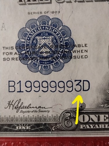 FANCY SERIAL - SIX 9s IN A ROW - B 19999993 D - 1923 $1 SC - PCGS CU 64 ...
