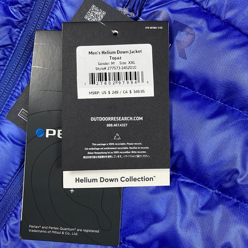 NEW Outdoor Research Helium Down Jacket Puffer Mens 2XL Topaz Blue 800 ...
