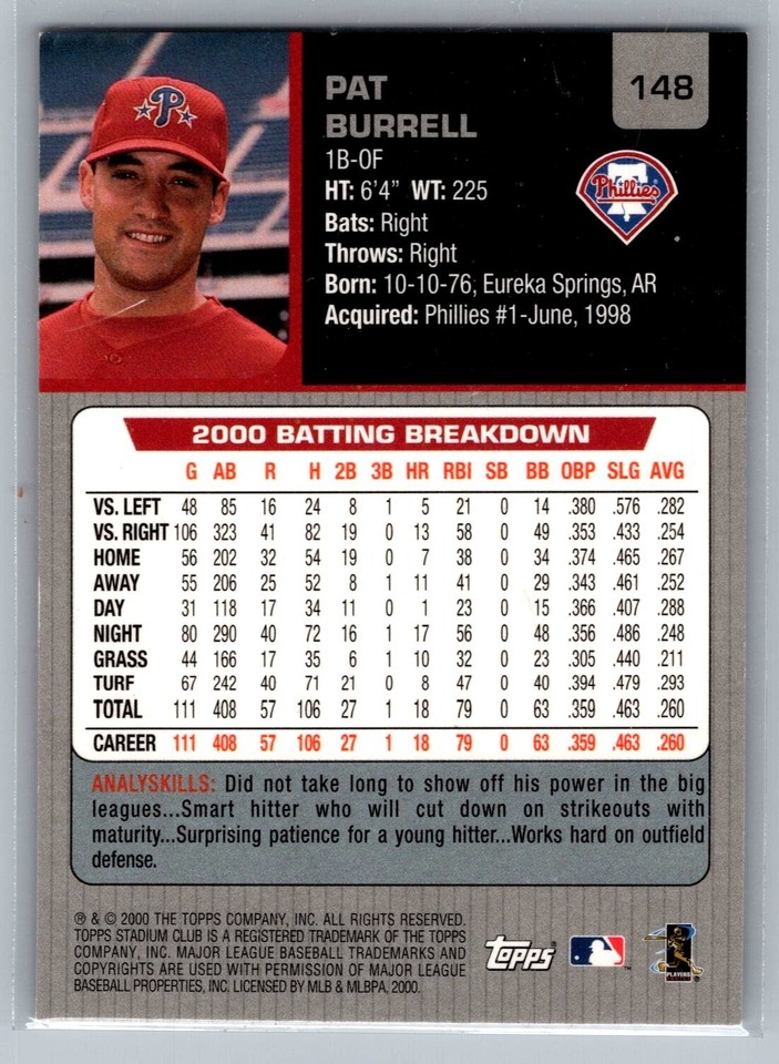 2000 TOPPS STADIUM CLUB CARD # 148 Pat Burrell - Philadelphia Phillies ...