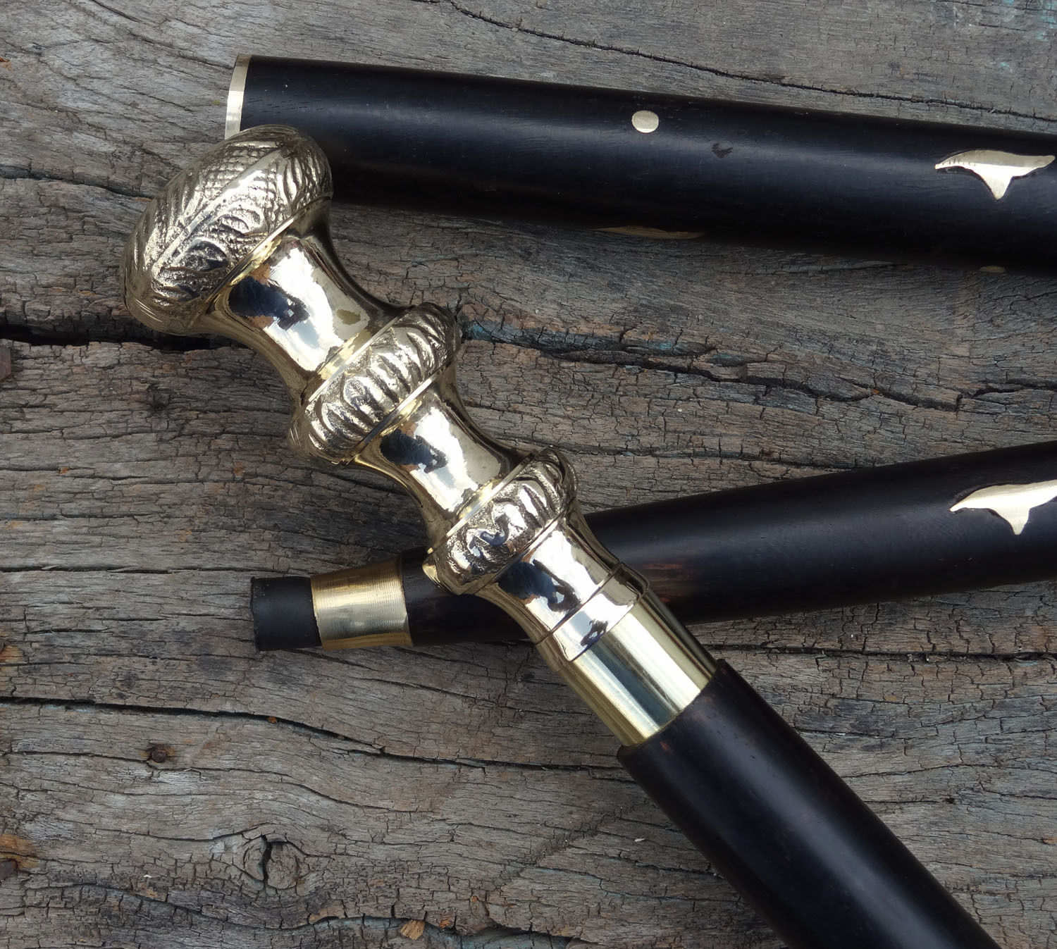 Vintage Cane Walking Stick Engraved Brass Designer Ha… - Gem