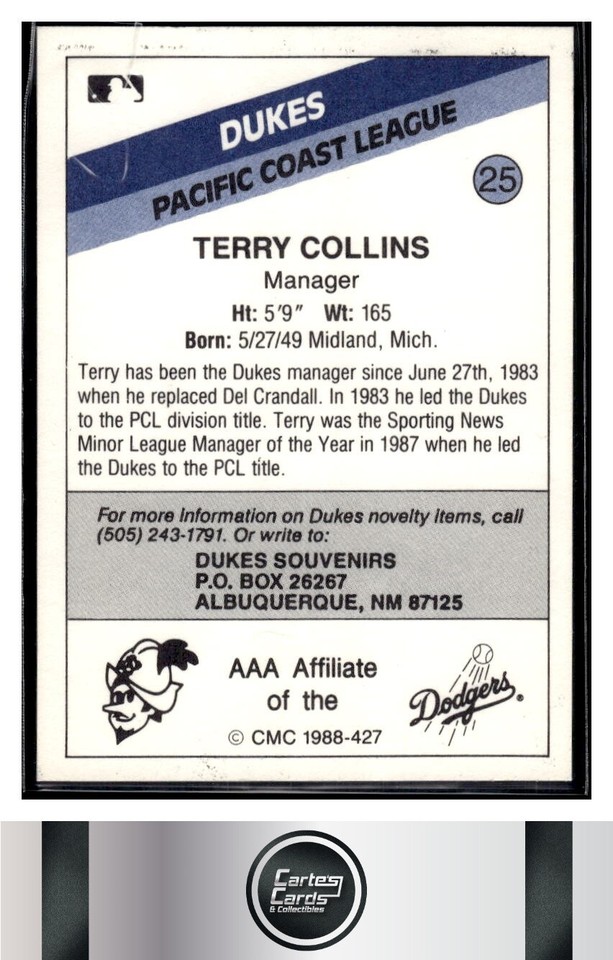 Terry Collins 1988 CMC Albuquerque Dukes #25 Los Angeles Dodgers MGR | eBay