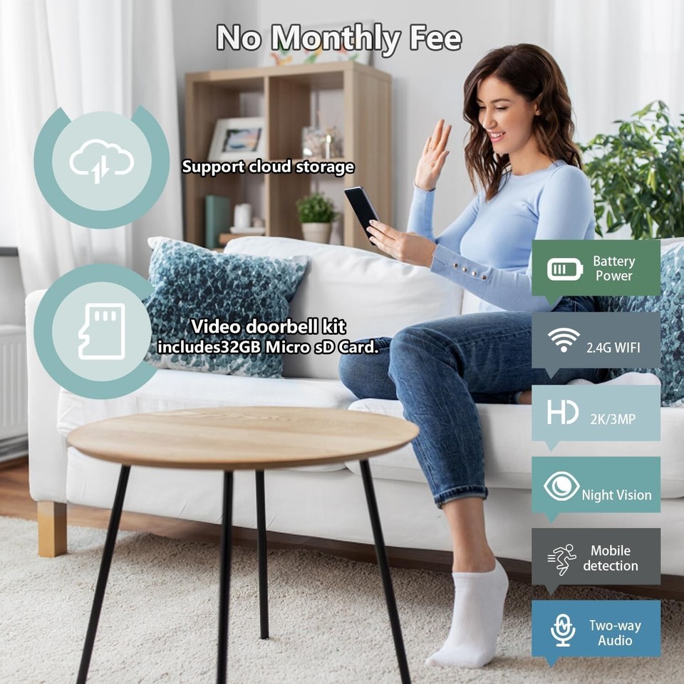 iCam365 2K 32GB Doorbell Camera IR WiFi Human Detection 2-Way Audio ...