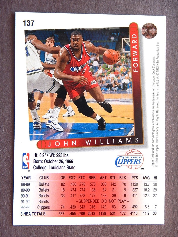 John Williams #137 Upper Deck 1993-94 Basketball Card (Los Angeles ...