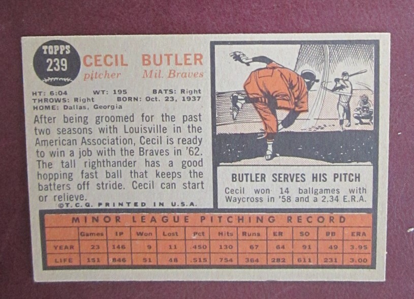 1962 Topps Cecil Butler (Milwaukee Braves) #239 EX/NRMT | eBay