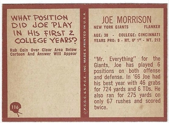 1967 PHILADELPHIA FOOTBALL JOE MORRISON CARD (NEW YORK GIANTS) | eBay