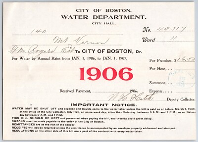 City of Boston Water Department City Hall Billhead 1906 Geo. M. Rogers ...