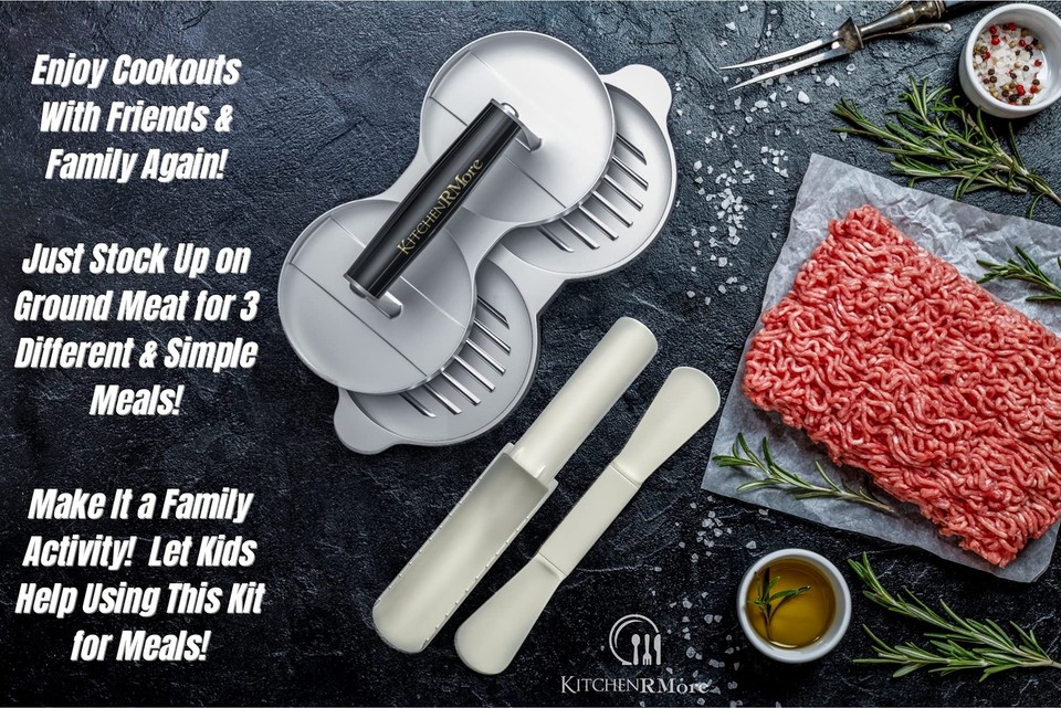 Double Burger Press + Kabob Maker + Meatball Shaper + 40 Patty Paper ...