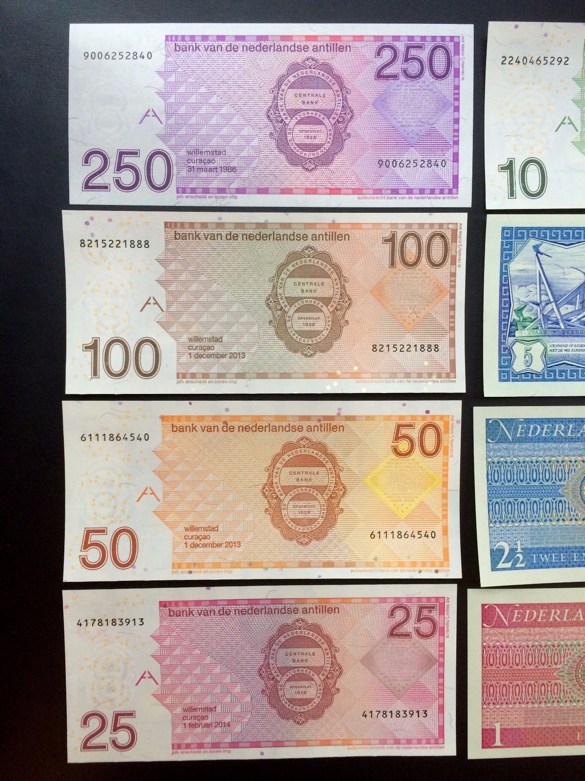 Netherlands Antilles Set of 8 - 1 2.5 5 10 25 50 100 250 Gulden ...