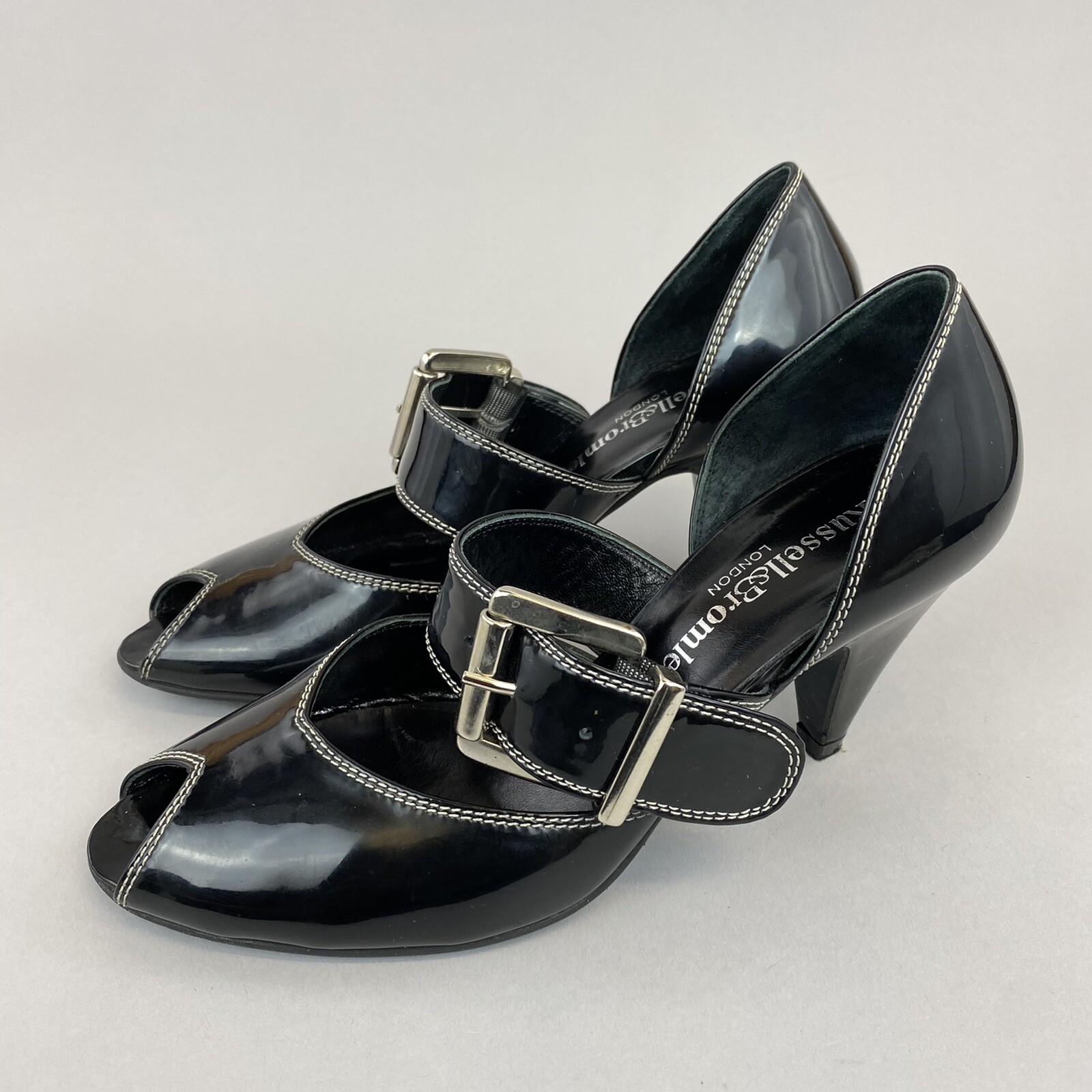Russell & Bromley Black Patent Mary Jane Buckle Open Toe Court Shoes 37 ...