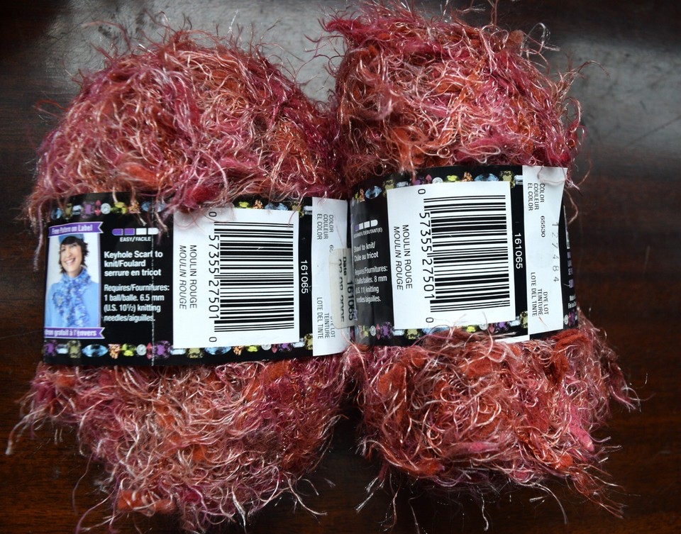 Lot of 2 Bernat BLING BLING Yarn 100% Nylon Color Moulin Rouge 65530 1. ...