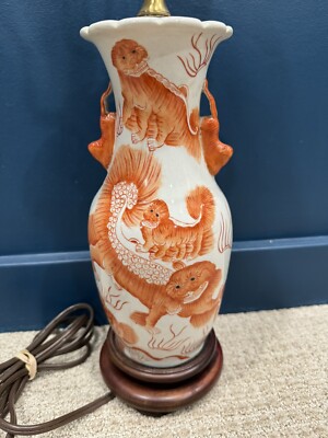 Vintage Asian Chinese Orange & White Foo Dog Luck Dragon Pottery Lamp ...