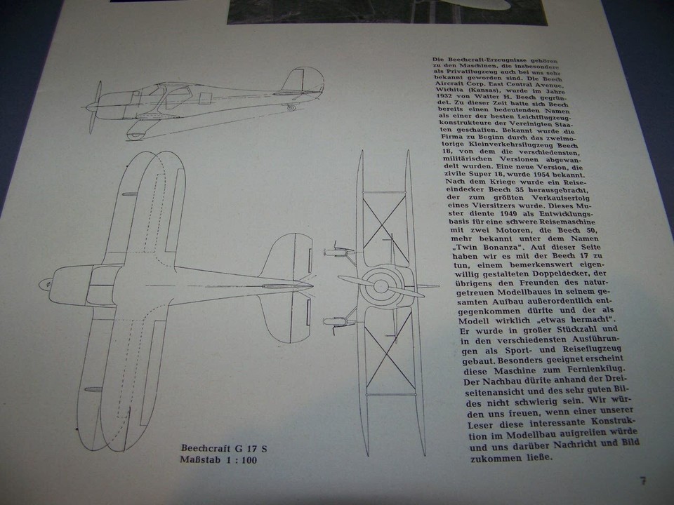 VINTAGE..BEECHCRAFT G17S STAGGERWING ..3-VIEWS/PHOTO/DETAILS...RARE ...
