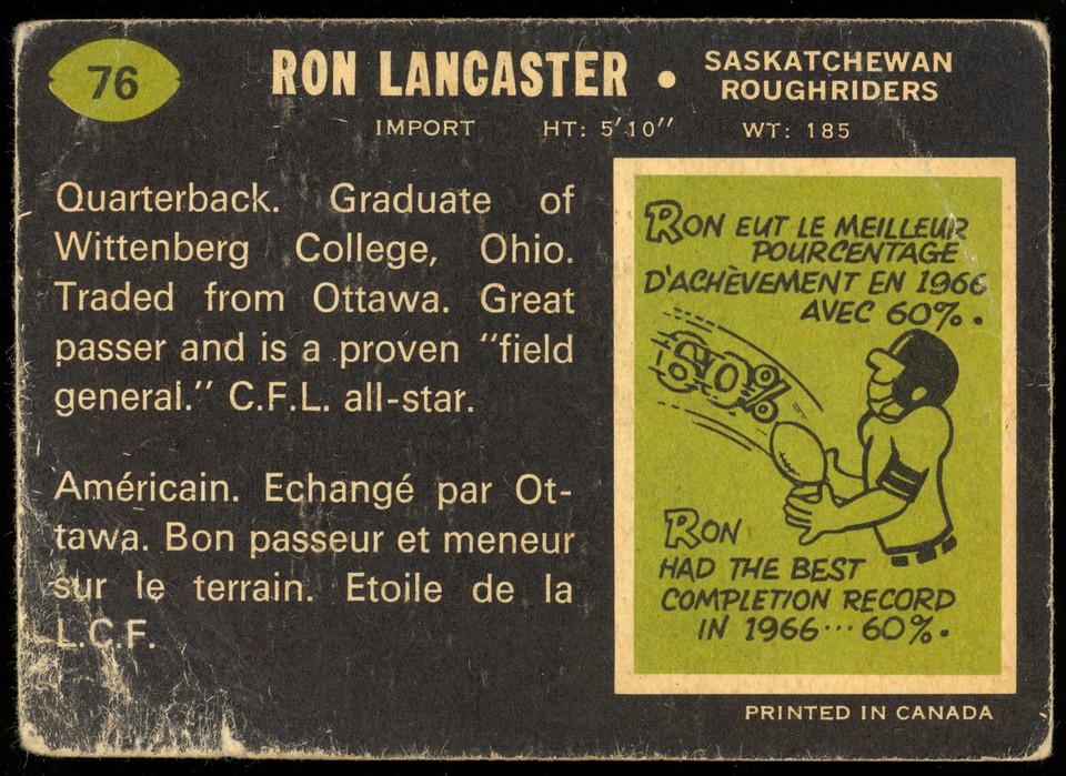 1970 OPC CFL FOOTBALL 76 RON LANCASTER VG SASKATCHEWAN ROUGHRIDERS ...