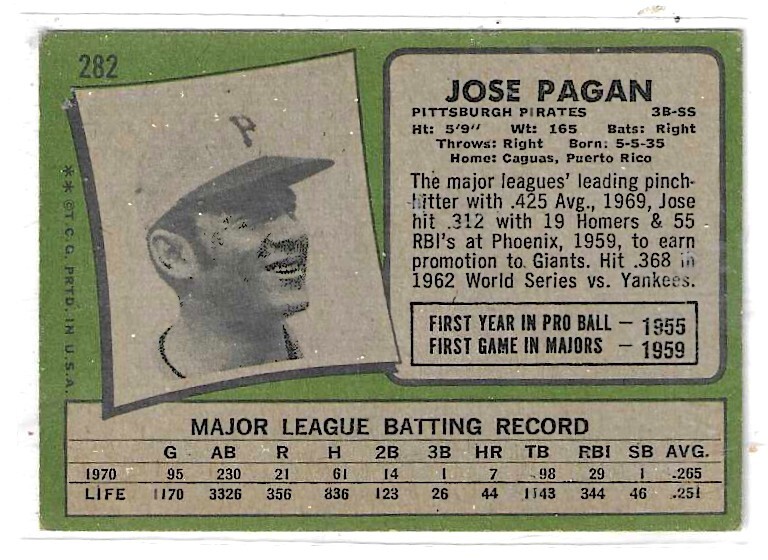 Jose Pagan Topps 1971 Black Border #282 (8477) | eBay