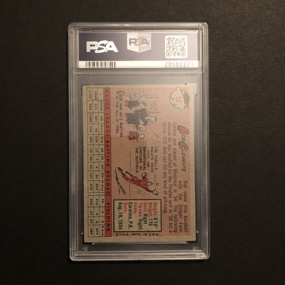 ROBERTO CLEMENTE 1958 TOPPS BASEBALL CARD #52 GRADED PSA 4 Sharp Eye ...