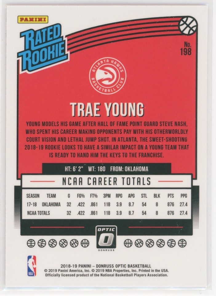 TRAE YOUNG 2018-19 DONRUSS OPTIC RATED ROOKIE #198 RC QTY | eBay