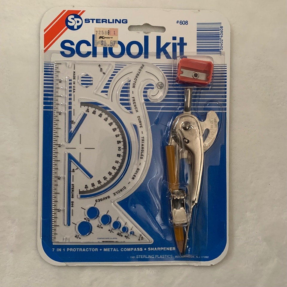 Sterling School Kit 7 in 1 Protractor Metal Compass Sharpener New ...