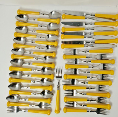 35 Pieces OXFORD HALL Stainless Steel Flatware Utensil Yellow Plastic ...