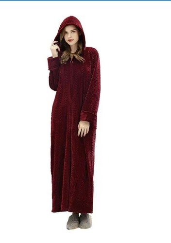 Long Hooded Robes for Women Soft Warm Fleece Zipper Bathrobe with ...