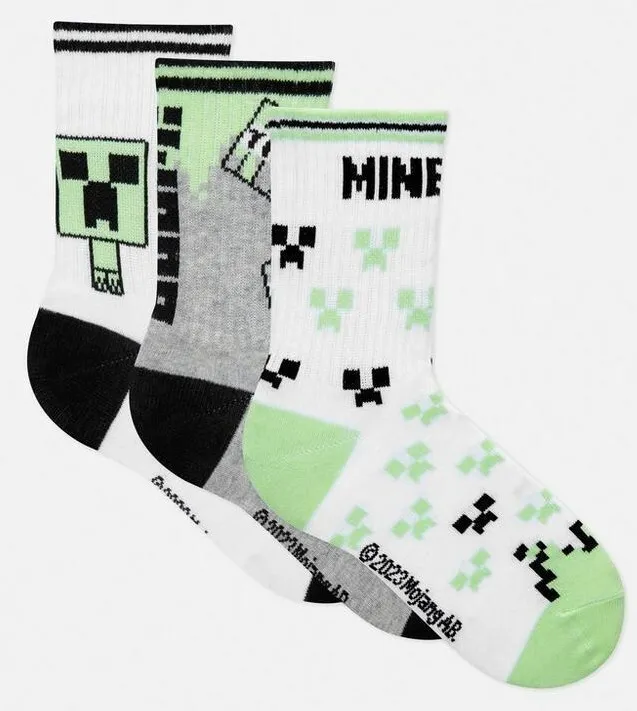 Boys Minecraft Ankle Socks Grey White Green Aqua 3 Pairs | eBay