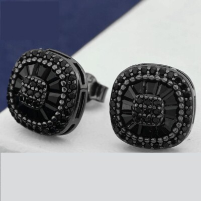 Men's Sterling Silver 925.Black CZ Iced Bling 11mm*Earring.Hip Hop ...