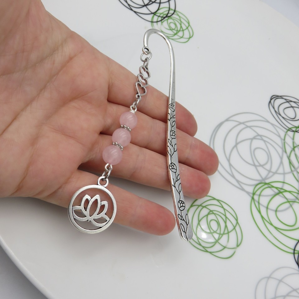 Lotus Flower Charm Bookmark Metal Pink Rose Quartz Gemstone Beaded ...