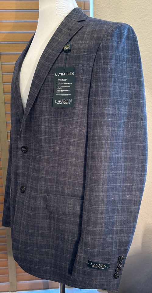 NWT LAUREN Ralph Lauren Blue Plaid Wool Silk Linen Sport Coat Blazer Sz ...