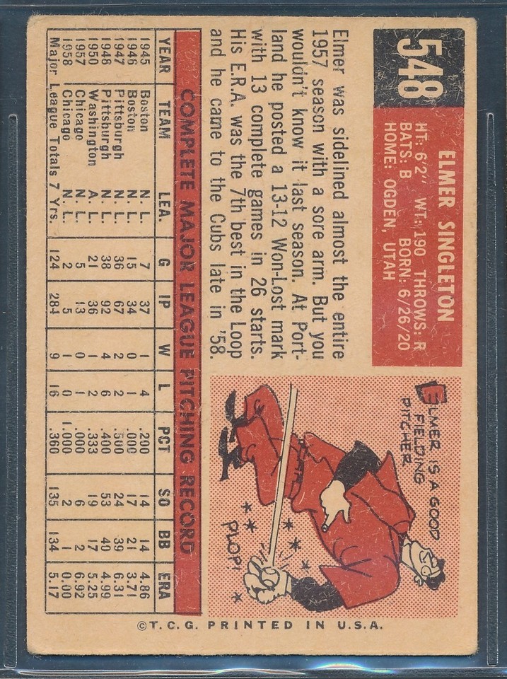 1959 Topps #548: ELMER SINGLETON High # SP, Chicago Cubs ~ VG+ (wrinkle ...