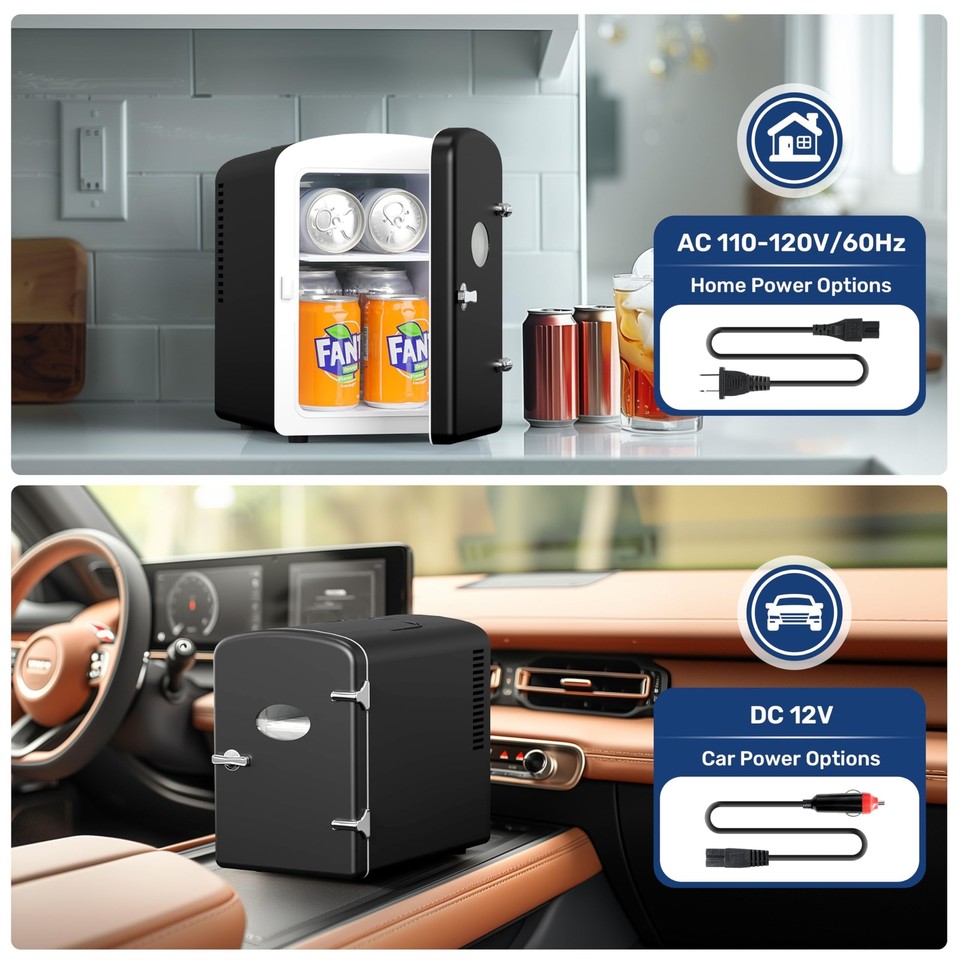 4L 6 Can Portable Mini Fridge Compact Cooler & Warmer with window Black ...