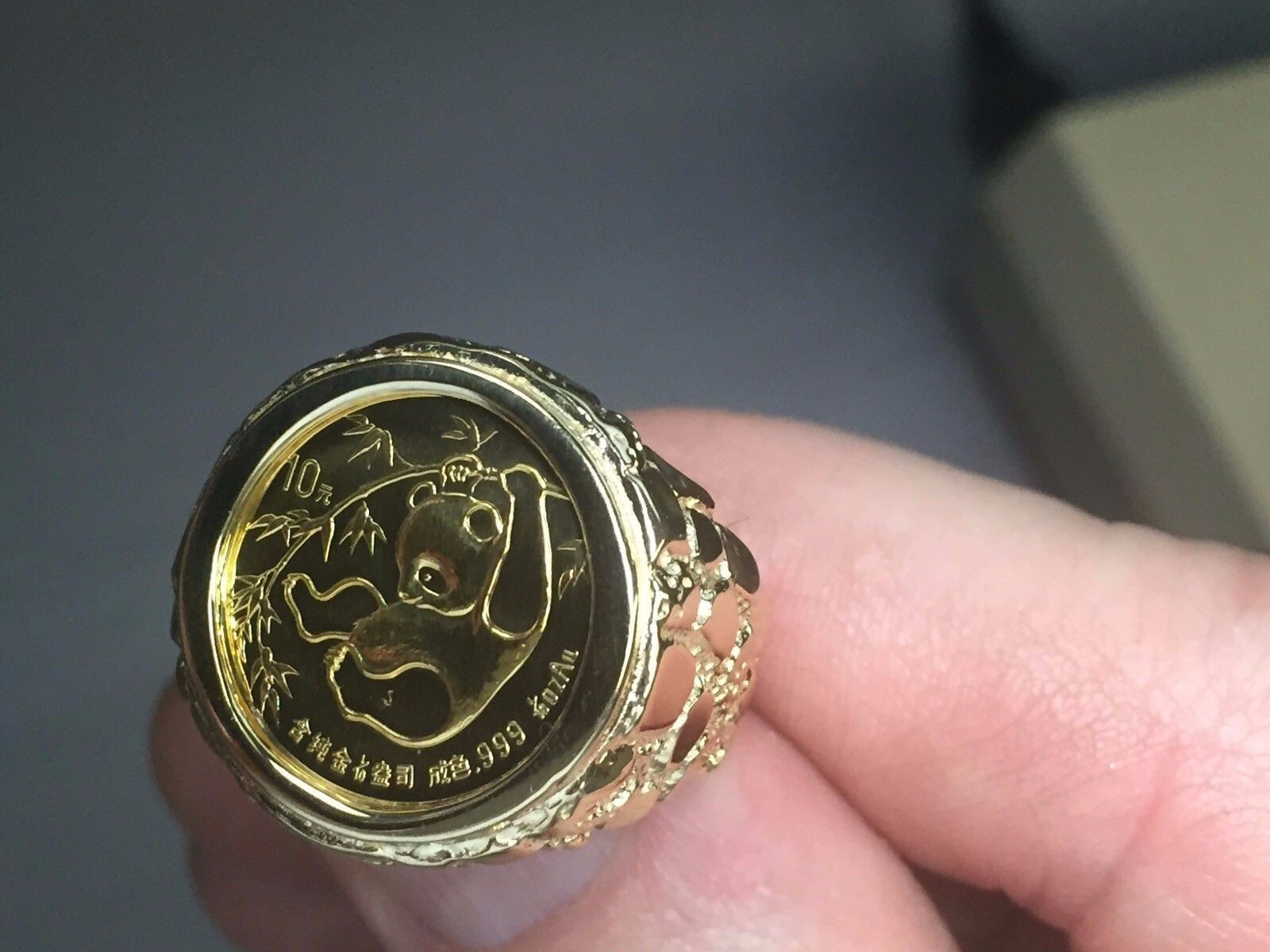 24 KT CHINESE PANDA BEAR COIN SET IN 14 KT Solid Yellow Gold NUGGET ...