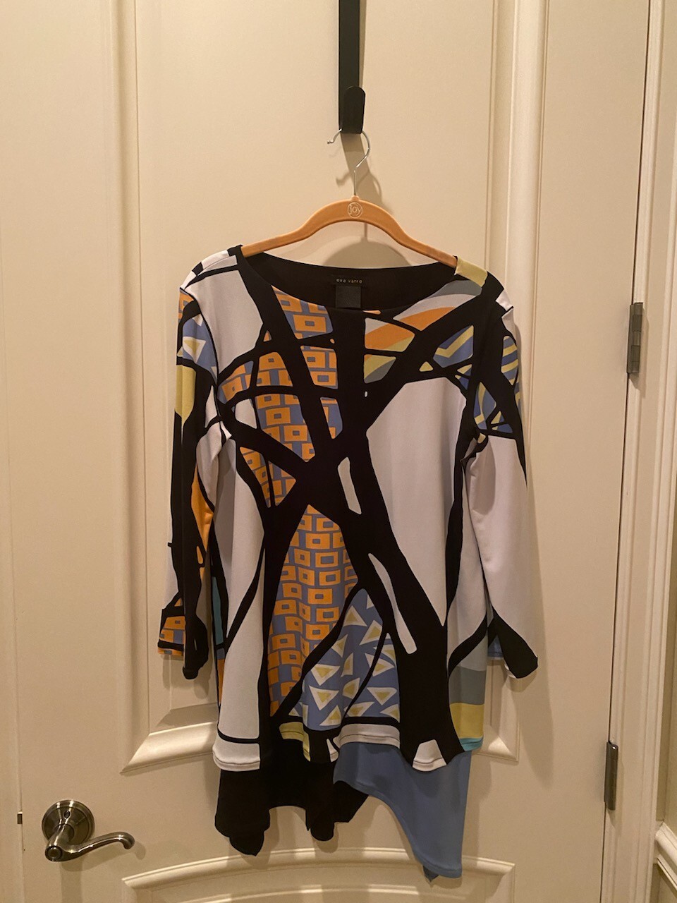 Eva Varro Tunic Top Abstract Layered Blue Orange Asymmetrical Hem 3/4 ...