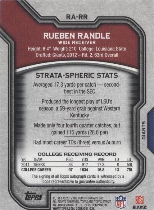 2012 Topps Strata Rueben Randle #RA-RR for sale | eBay