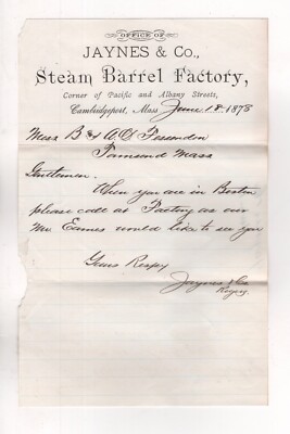 1878 JAYNES CO LETTERHEAD STEAM BARREL FACTORY PACIFIC & ALBANY ST ...