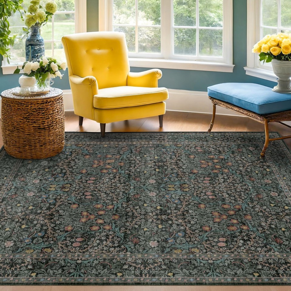 Dark Green Bedroom Rug 5x7 Area Rug for Living Room Vintage Washable ...