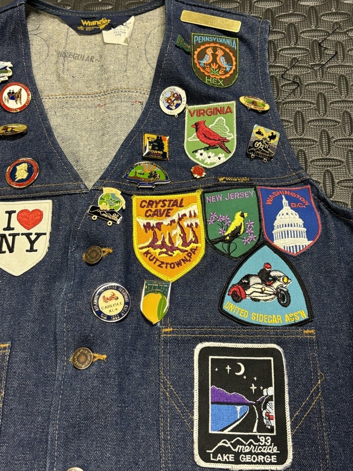 (2) Vintage Wrangler Vests Large Denim Jean Motorcycle Biker Patches ...