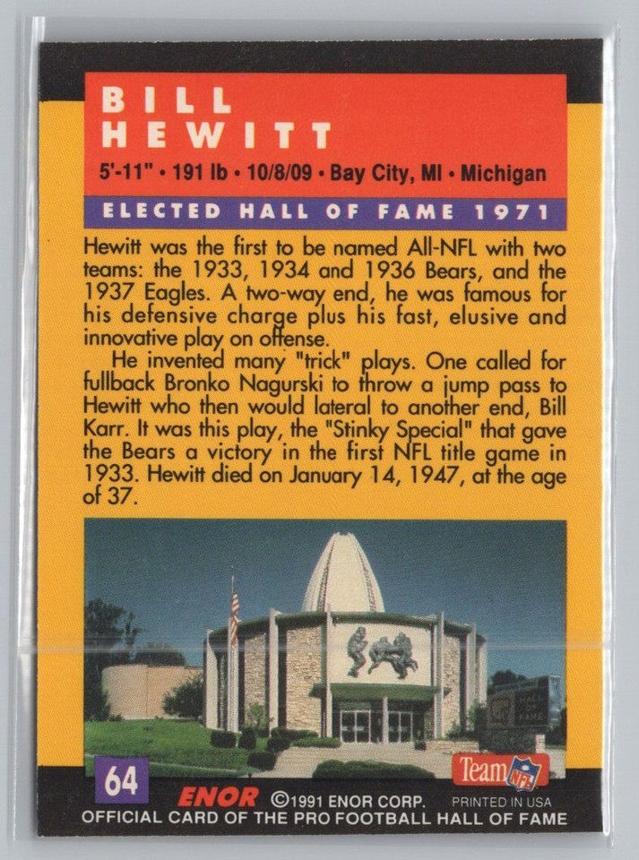 1991 Enor Pro Football HOF #64 Bill Hewitt | eBay
