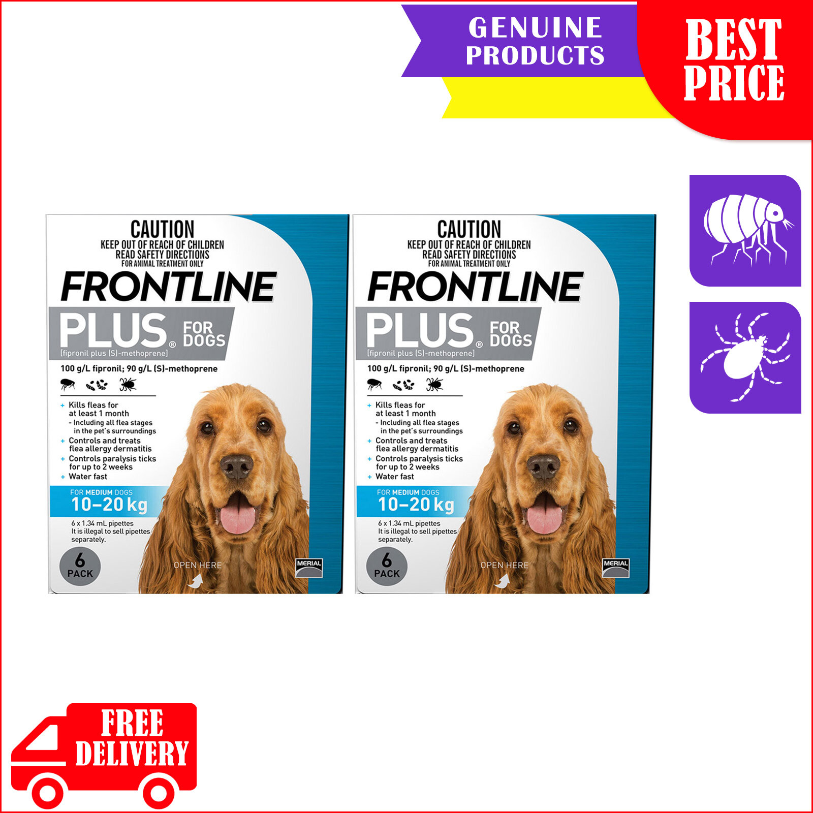Frontline Plus for Dogs All sizes 12 Pipettes Flea and Tick Control ...