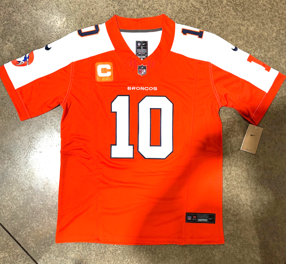 Denver Broncos Bo Nix Jersey # 10 Orange White with Captain Patch | eBay