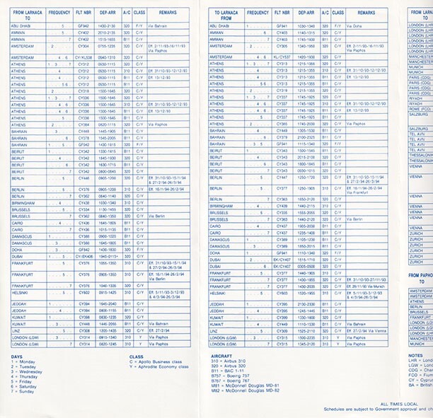 Cyprus Airways timetable 1993/10/31 | eBay