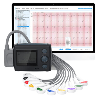12 lead Holter ECG Monitor 24 hrs Recording ECG Data AI Analysis via PC ...