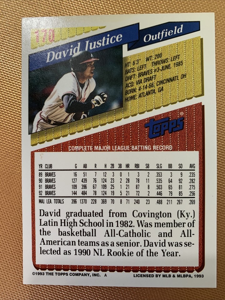 1993 Topps David Justice #170 Baseball Card | eBay